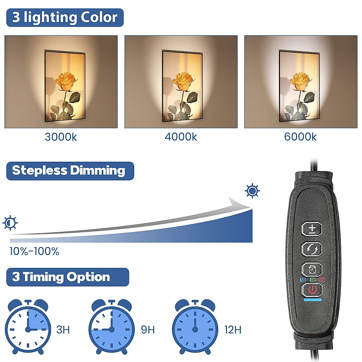 Junview 2 Pack LED Spot Lights Indoor 3000K/4000K/6000K Adjustable Up Lights Indoor 3W Dimmable Floor Spotlight for Plants Uplighting Indoor with Auto On/Off Timer for Pictures Artwork Accent Lighting