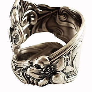 OIDIMS Lily Flowers Spoon Adjustable Rings Vintage Finger Open Ring Bands for Women Men Jewelry Gifts Xmas