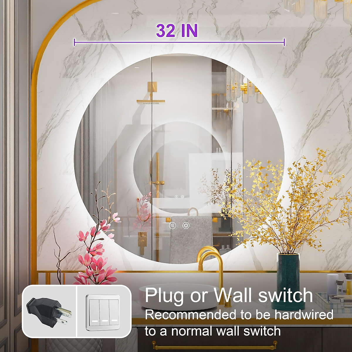 JSneijder 2-Piece LED Bathroom Mirror 32 Inch Backlit Round Mirror & 28x36 Inch Rectangular Mirror, Wall Mounted Dimmable Anti-Fog