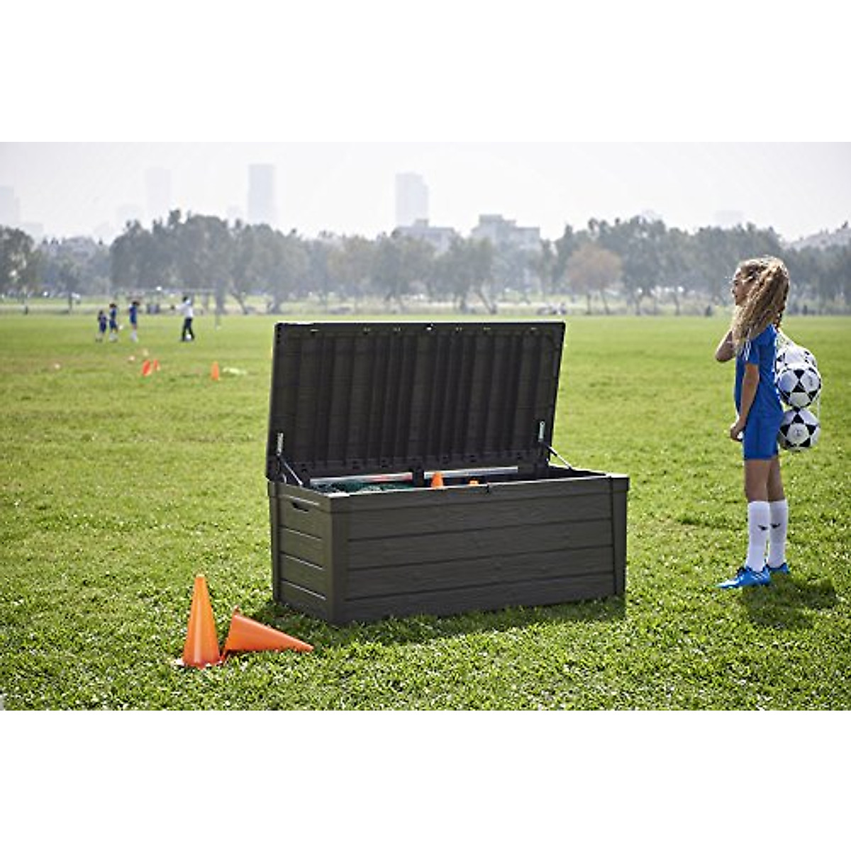 Keter Brightwood 120 Gallon Resin Large Deck Box for Patio Garden Furniture, Outdoor Cushion Storage, Pool Accessories, and Toys, Grey