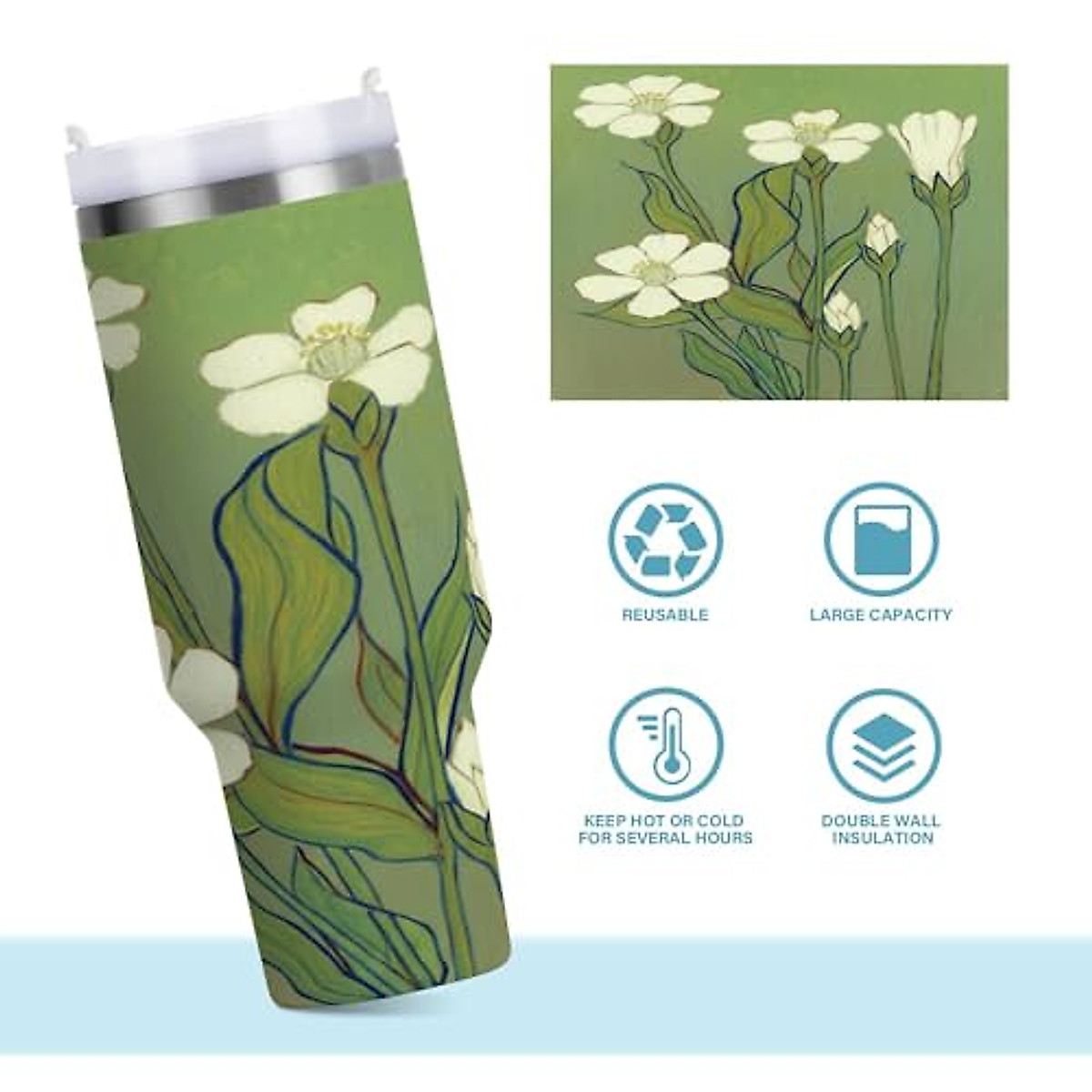 RPLIFE White Flowers Green 40 Oz Tumbler, Stainless Steel Cups with Lid, Tumblers for Women