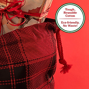 Pudgy Pedro's Party Supplies - Christmas Canvas Gift Bags - X-Large 26" x 19" Red Xmas Plaid - Jumbo Fabric Present Cloth Stocking - 1 ct