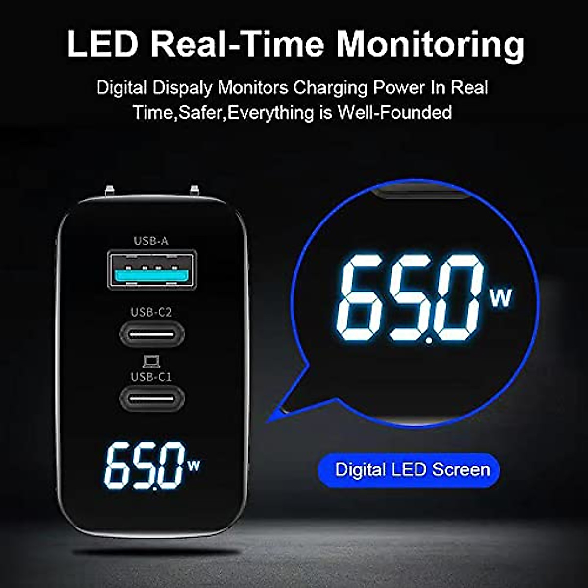 URVNS GaN 65W USB C Charger, Power Display 3 Ports Fast PD Wall Adapter, Foldable US Plug Travel Charger for iPhone 14 13 12 Pro Max Mini MacBook Laptop iPad and More