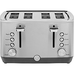 GE Stainless Steel 4 Slice Toaster | Extra Wide Slots for Bagels, Breads, Waffles & More | 7 Shade Options | Countertop Kitchen Essentials | 1500 watt