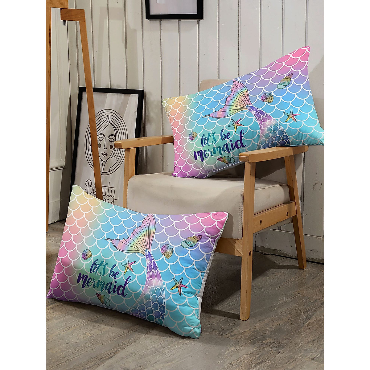 Datura home 4Pcs Kids Fitted Sheet and Flat Set Rainbow Scales Mermaid Printed Pattern Bedding with 1 + 2 Pillowcases for Boys Girls (Rainbow Twin), 67x97 Inches