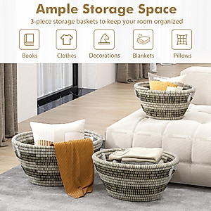 Giantex Woven Laundry Basket 24"/20"/16"- Set of 3 Stackable Storage Baskets with Handles, Large Oval Kans Grass Woven Baskets Laundry Hamper for Throw Blanket Clothes Living Room Bedroom