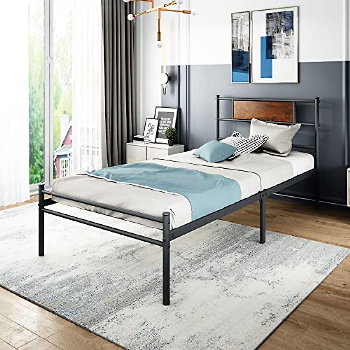 USHOW Modern Black Metal Bed Frame Twin Size with Headboard and Footboard Sturdy Metal Frame Premium Steel Slat Support Easy Assembly （Twin,Black）