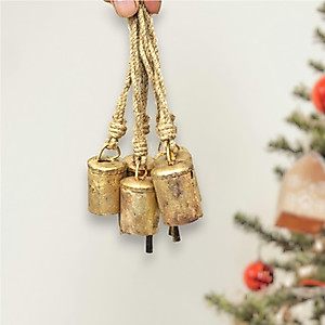 Set of 6 Vintage Antique Hanging Bells - Rustic Metal Handmade Lucky Cow Tin Tree Decoration with Rope - Perfect for Christmas or any Celebration
