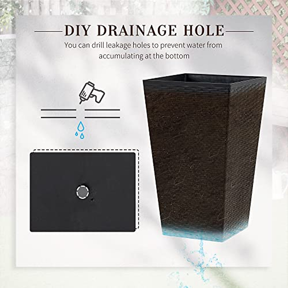 Outsunny Set of 3 Tall Planters with Drainage Hole, Outdoor Flower Pots, Indoor Planters for Porch, Front Door, Entryway, Patio and Deck, Black