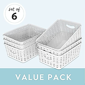 LARQUE Plastic Storage Bins, 6 Pack, 10.2 in x 7.3 in x 3.9 in - Small Weave Organization and Storage Bins, Perfect for Kitchens, Pantries, Craft Rooms Bookshelves and More