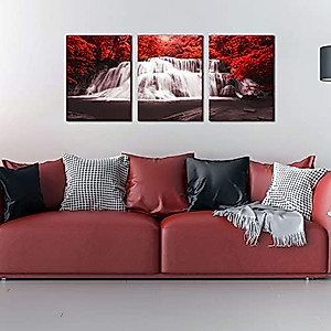 CERLMLAND Waterfall - Wall Art Painting Black White Red Landscape Canvas Wall Art 3 Pieces,Red Trees Forest Picture Prints for Home-office - canvas art wall art for living room 12x16inchx3pcs