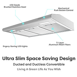 30 inch Under Cabinet Range Hood with Filters, Slim Vent Hood with 3 Speed Exhaust Fan in Stainless Steel Ducted and Ductless Convertible