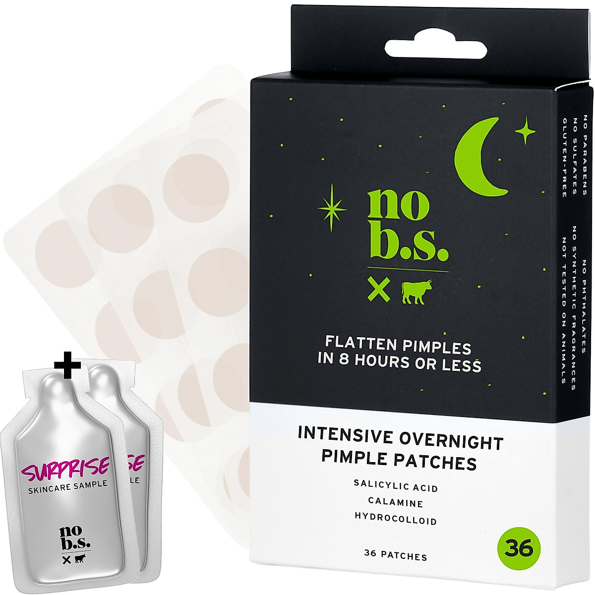 No BS Intensive Overnight Pimple Patches - Fast-Acting Acne Spot Treatment for Clear, Healthy Skin -Hydrocolloid, Salicylic Acid, Calamine (1 BOX of 36ct). Includes Free Skincare Samples