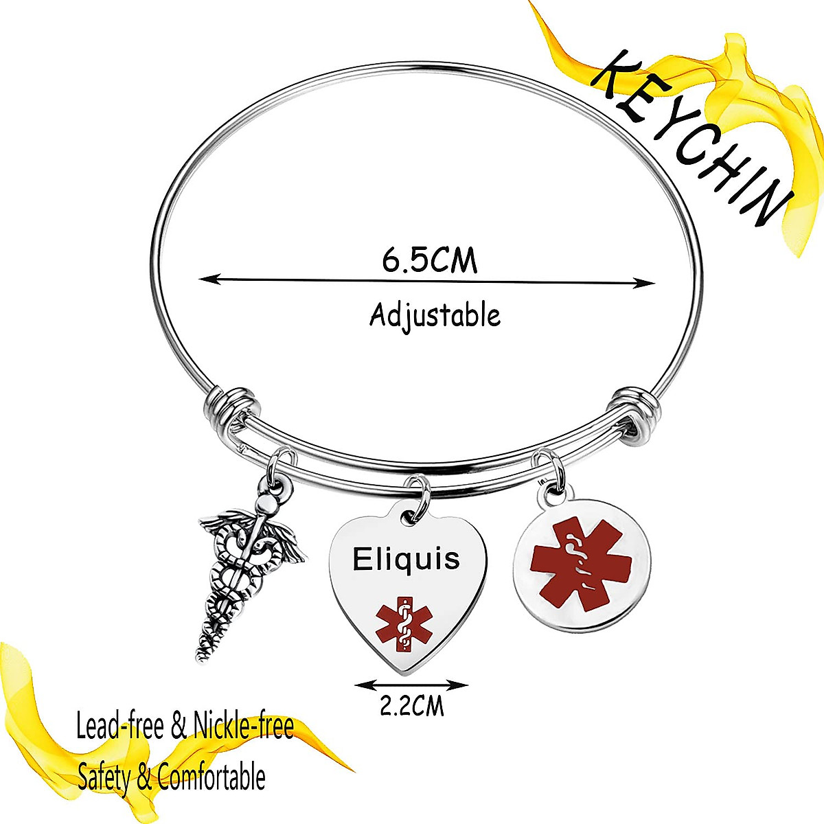 KEYCHIN Surgical Grade Steel Medical Alert ID Bracelet for Men Women Epilepsy/Blood Thinner SOS Emergency Medical Bracelets (E*liquis)