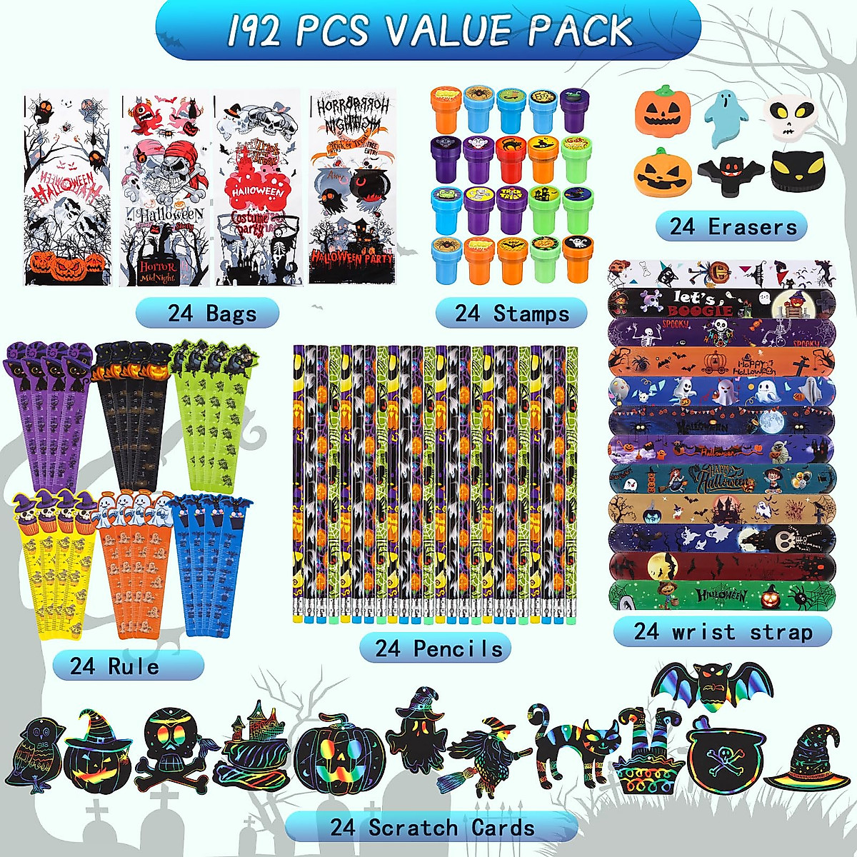 veduta 192Pcs Halloween Favors Stationery Gift Set, Trick or Treat Gifts for Kids, 24 Pack Halloween Party Favors for Kids Classroom Prizes Bulk Halloween School Supplies Goodie Bag Stuffers Fillers.