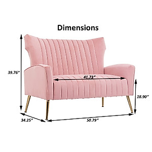 Altrobene Velvet Couch Modern Wingback Loveseat Tufted Luxury Sofa with Gold Legs for Living Room/Bedroom, Light Pink