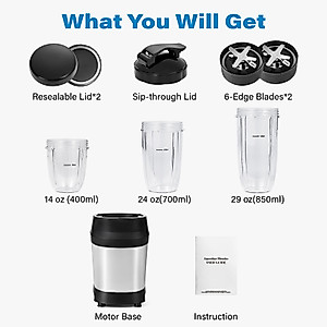 Prolixity 1200w Smoothie Blender - Personal Blender for Frozen Fruit & Ice Crush with 2 Sharp 6-Fin Blades, Portable Smoothie Blenders with 14oz, 24oz, 29oz Easy Go Cups for Nutritious Juices,Silver