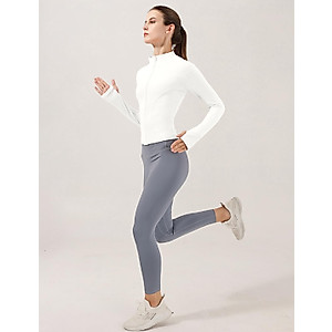 Locachy Women's Lightweight Stretchy Workout Full Zip Running Track Jacket with Thumb Holes White XS