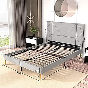 Flolinda Queen Size Bed Frame, Upholstered Queen Bed Frame with Tufted Velvet Headboard, Mattress Foundation, Strong Wood Slat Support Double Bed Frame, No Box Spring Needed, Easy Assembly, Grey