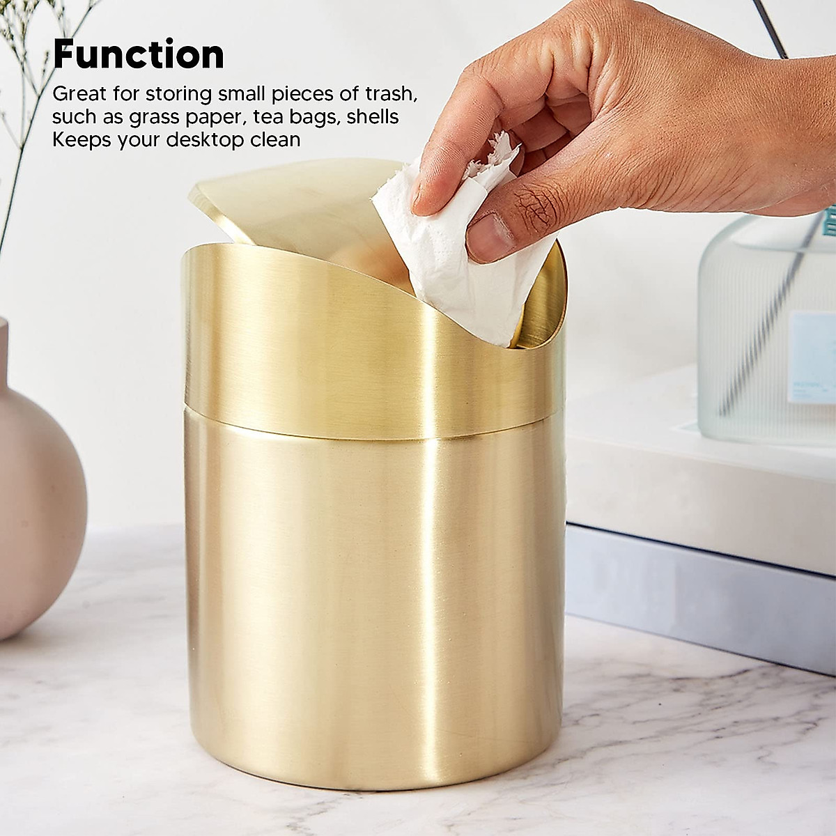 Topyond Mini Trash Can, Small Metal Garbage Bin,Gold Desktop Trash Can for Office Countertop, Stylish Design, Boat Trash Can