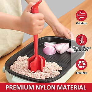 Ourokhome Upgrade Meat Chopper and Potato Masher, Heat Resistant Ground Meat Smasher for Hamburger, 5 Curved Blades Ground Beef Smasher, Nylon Non Stick Mixer, Stirrer and Kitchen Gadgets, Red