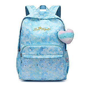 Caran·Y Waterproof Girls Backpack for Kids in Elementary School bag Large space Love decoration Starry pattern Fit Over 6 years old Backpack for Toddler Girls Book Bag（Aqua Blue）