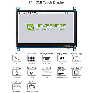 [Latest Version] Waveshare 7inch Capacitive Touch Screen LCD Monitor for RPi 400 4 3 Model B Compatible with All Versions of Raspberry Pi Windows with HDMI/VGA Port