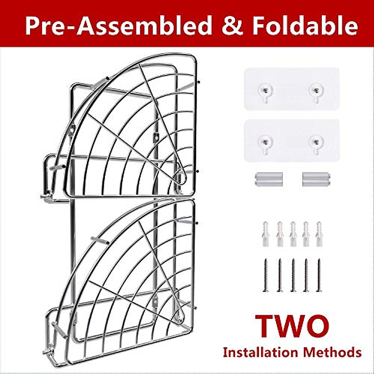 Vdomus Corner Shower Caddy 2 Tier Polished Chrome & 4 Pieces Transparent Adhesives 7.87 x 3.15 inches for No Drilling Needed Bathroom Shower Organizer
