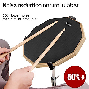 Practice Drum Pad, 12 Inch Exercise Pads Set Mat for Adult Kids with Snare Drums Stand Double Sided Drumsticks Black