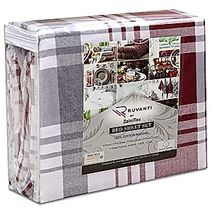 RUVANTI Flannel Sheets Full Size - 100% Cotton Brushed Bed Sheet Sets - Deep Pockets 16 Inches (fits up to 18") - All Seasons Breathable & Super Soft - Warm & Cozy - 4 Pcs - Balance Plaid Maroon