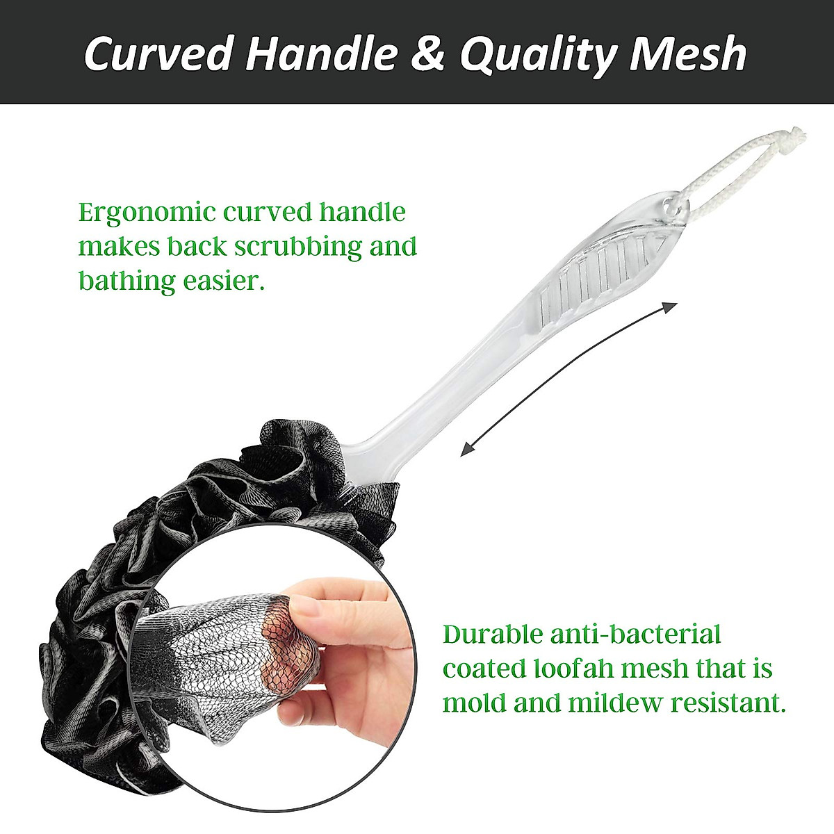 AITRAI Loofah Back Scrubber, Pack of 2 Long Handle Loofah Back Brushes for Shower Luffa on Stick Soft Mesh Body Scrubber for Men Women, Bamboo Charcoal Infused