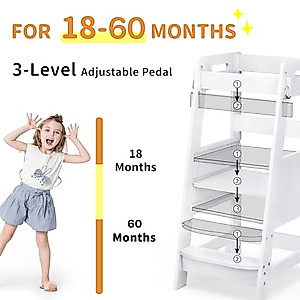 TOETOL Bamboo Toddler Kitchen Step Stool White Helper Standing Tower Height Adjustable with Anti-Slip Protection for Kids Kitchen Counter Learning