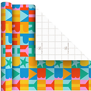 Hallmark Wrapping Paper with Cutlines on Reverse (1 Mini Roll: 17.5" Wide by 27.4' Long; 40 Sq. Ft.) Happy Birthday, Rainbow Block Letters