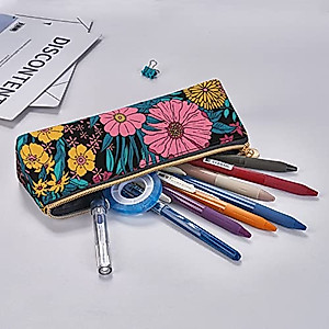 Flowers Pencil Case Pouch Pen Case Portable Leather Makeup Cosmetic Bag Durable Holder Bag Office Organizer For Adults