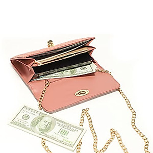 U+U Small Wallet Purses for Women Crossbody Bag Woven Credit Card Holder with Detachable Metal Chain Cell Phone Purse Women's Shoulder Handbags(Pink)