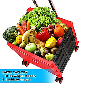 Rolling Cart with Wheels Folding Portable Plastic Crate Foldable Utility Handle Handcart with Lid 4 Wheeled Grocery Storage Heavy Duty Collapsible Mobile Trolley Box for Shopping, Office, Travel