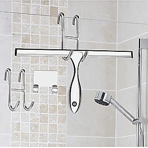 Squeegee for Shower Glass Door 12 Inch with Hooks, Shower Door Hook and Adhesive Hook, Stainless Steel Squeegee with Handle Rust Proof for Bathroom Glass Door, Mirror, Tile and Window Cleaning, Silver