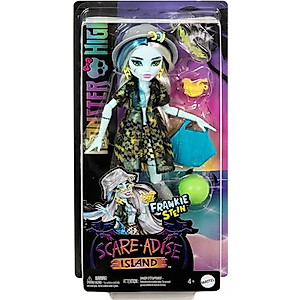 Monster High Scare-adise Island Frankie Stein Doll with Swimsuit, Coverup & Beach Accessories like Hat, Volleyball & Tote