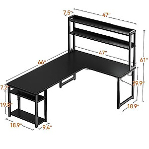 ODK L Shaped Gaming Desk with Hutch, Computer Desk with Storage Shelves, 66" L Shaped Desk for Home Office, Corner Desk with Headphone Hook, Black