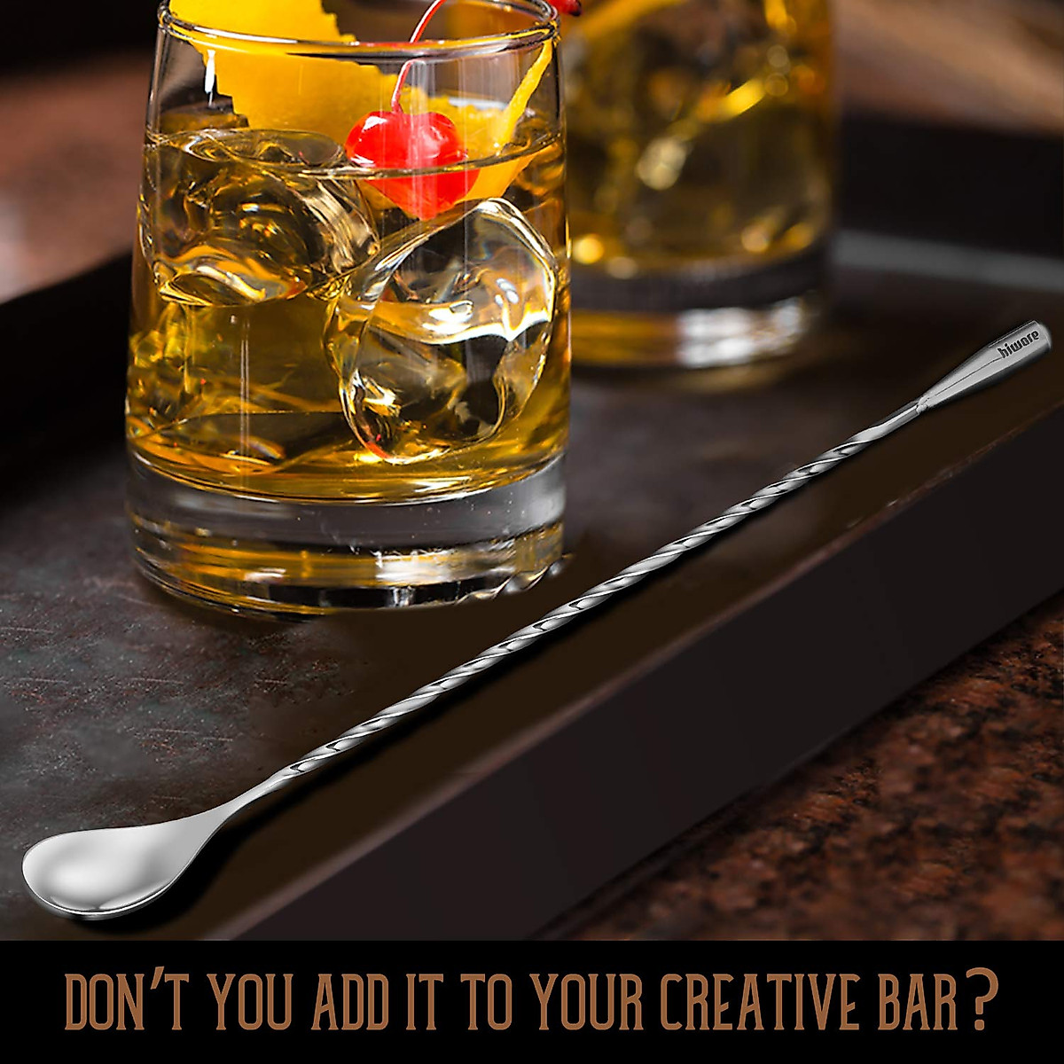 Hiware 12-Inch Bar Spoon, Set of 2, Stainless Steel Mixing Spoons, Spiral Pattern Bar Cocktail Shaker Spoon