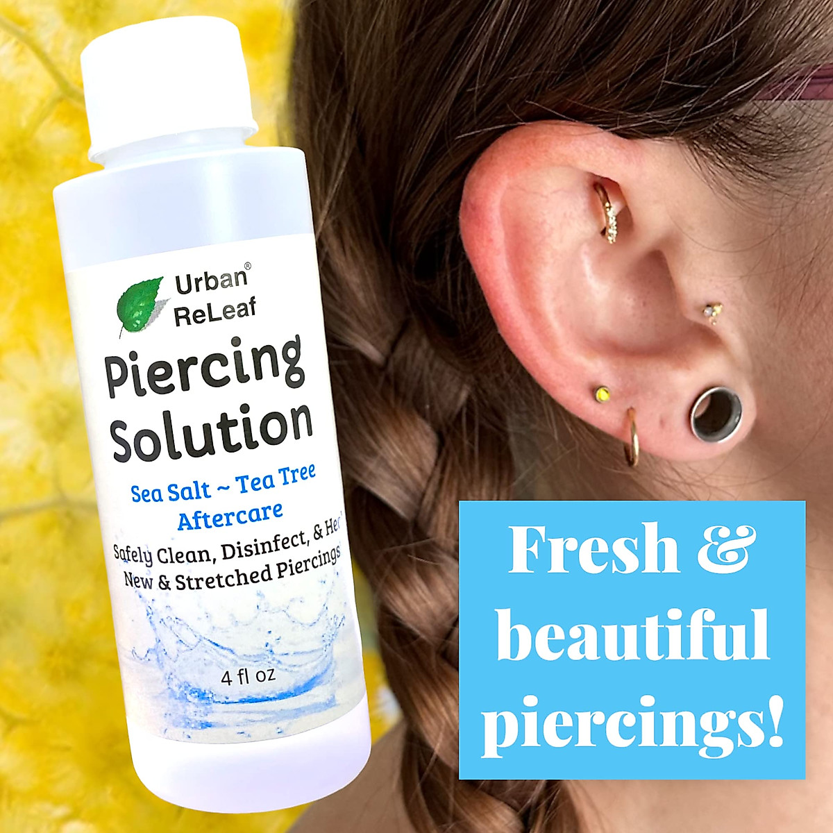 Urban ReLeaf Piercing Solution ! Soothing Sea Salts & Tea Tree AFTERCARE 4 oz, Ready to use. Safely Clean and Calm New & Stretched Piercings. Gentle Effective Natural & Proven. Works Fast