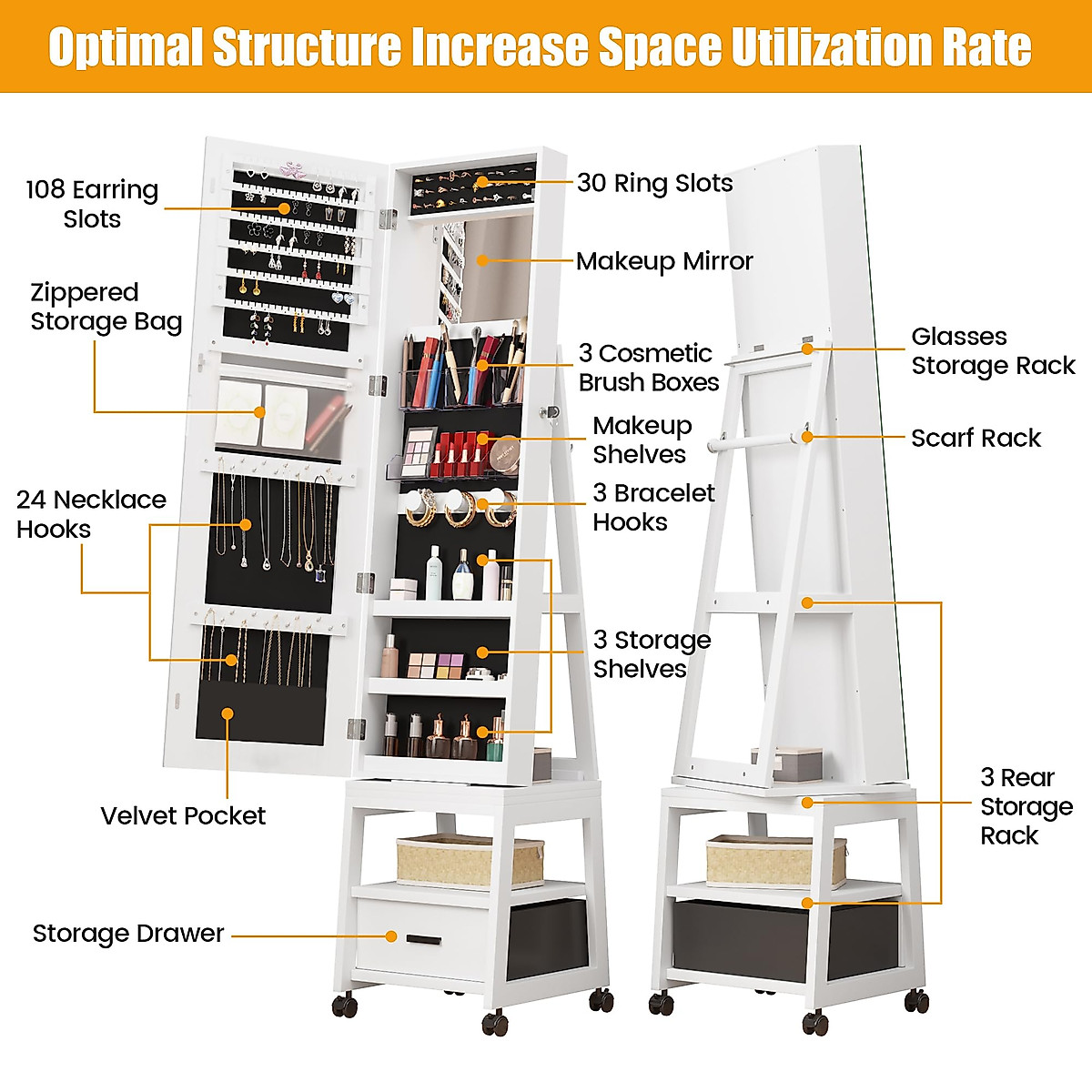 IDEALHOUSE 360° Swivel Jewelry Cabinet with Large Storage Capacity, Rotatable Full Length Mirror with Jewelry Storage, Lockable Floor Standing Jewelry Armoire Organizer with Drawer and Wheels, White