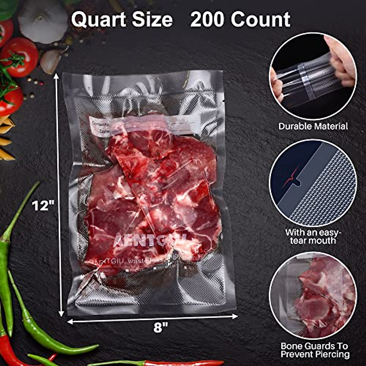 AENTGIU Vacuum Sealer Bags for Food, 200Pcs Quart Size 8" x 12", BPA Free PreCut Vacuum Storage Bags For Food Saver, Seal a Meal, Freezer Bags Space Saver for Vac Storage, Meal Prep or Sous Vide