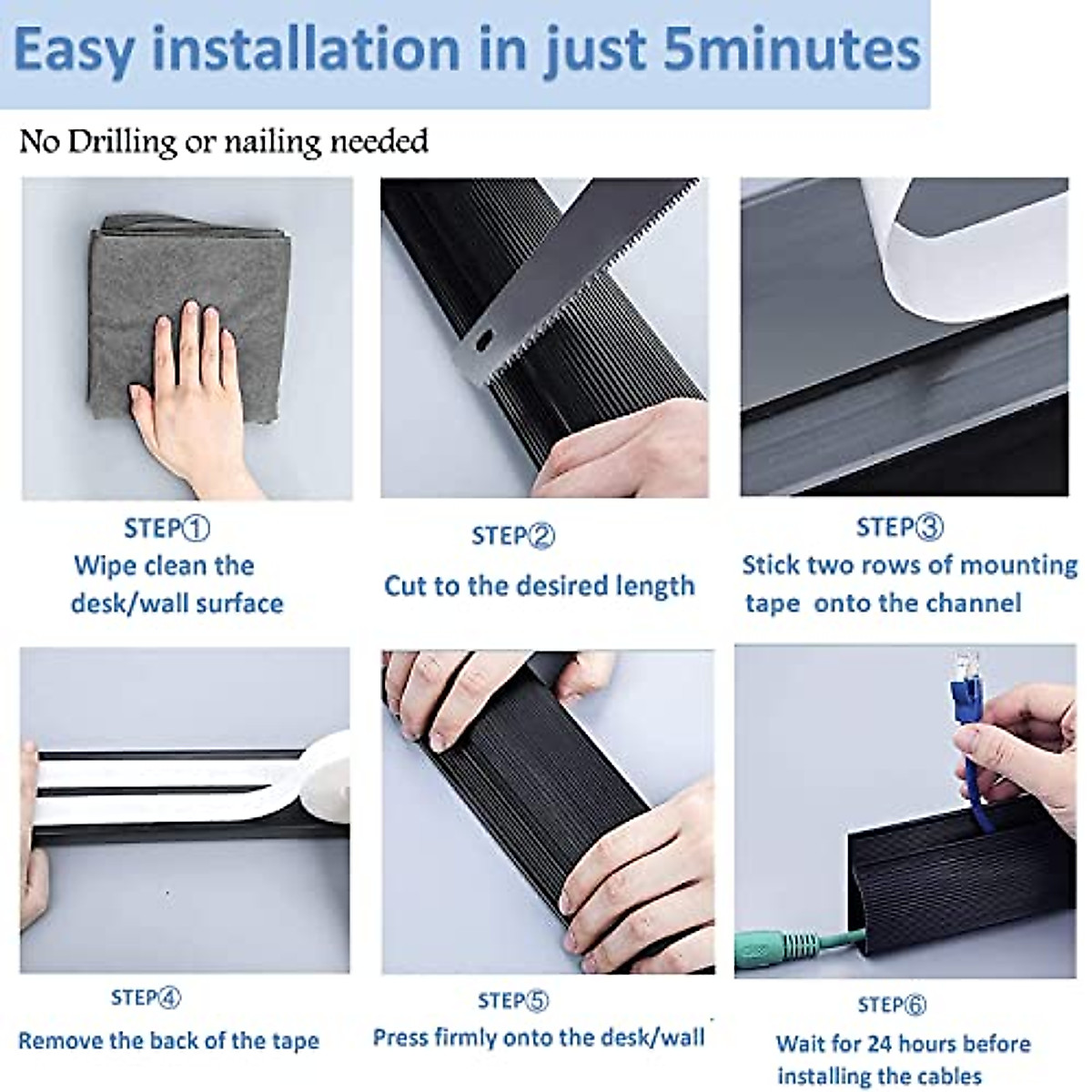 Cable Management 62.6'' J Channel Cable Raceway, 4 Pack Cord Cover, Under Desk Cable Management Kit, Self-Adhesive Desk Cabel Organizer, Easy to Install Cord Organizer for Home Office, 4X15.7IN Black