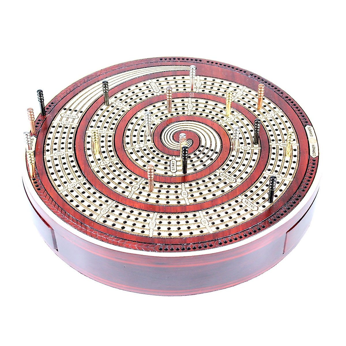 House of Cribbage - Cribbage Board Spiral Design Round Shape 4 Tracks Bloodwood/Maple with Place for Skunks, Corners & Won Games