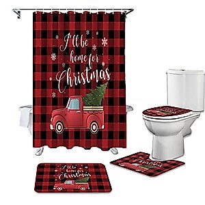 OneHoney 4 Piece Shower Curtain Sets with Non-Slip Rugs, Truck with Christmas Tree Bathroom Curtains Waterproof, Snowflakes on Red Buffalo Grid Decor Doormat, Toilet Lid Cover and Bath Mat
