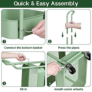 AOODA 3 Tier Under Desk Rolling Cart with Handle and Lockable Wheels, 27'' Height Small Metal Book Cart Mobile Art Cart Rolling Storage Organizer for Office, Kitchen, Bathroom (Aqua Green)