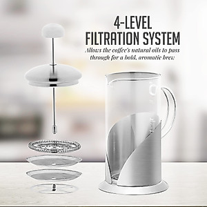 OVENTE French Press Coffee Maker 34 Ounce, 4 Level Stainless Steel Filter System, Borosilicate Heat Resistant Glass Carafe with Free Measuring Scoop, Silver FSL34S