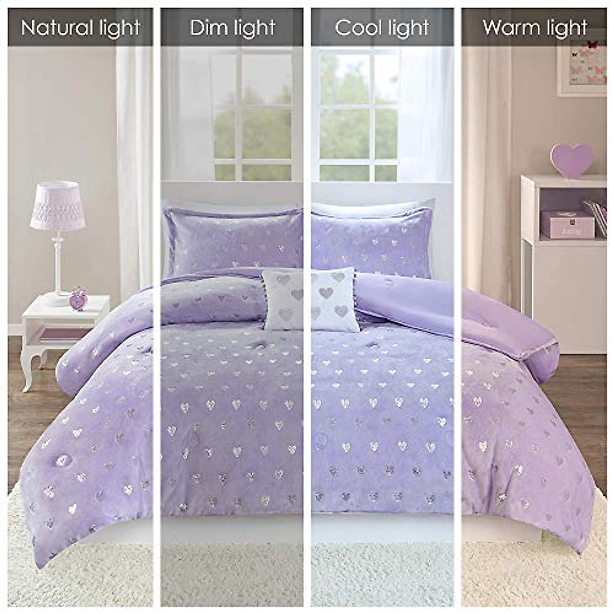 Mi Zone Rosalie Comforter Set for Girls, Ultra-Soft Microlight Plush Metallic Printed Hearts Brushed Reverse Overfilled Down Alternative Hypoallergenic All Season, Full/Queen, Purple/Silver, 4 Piece