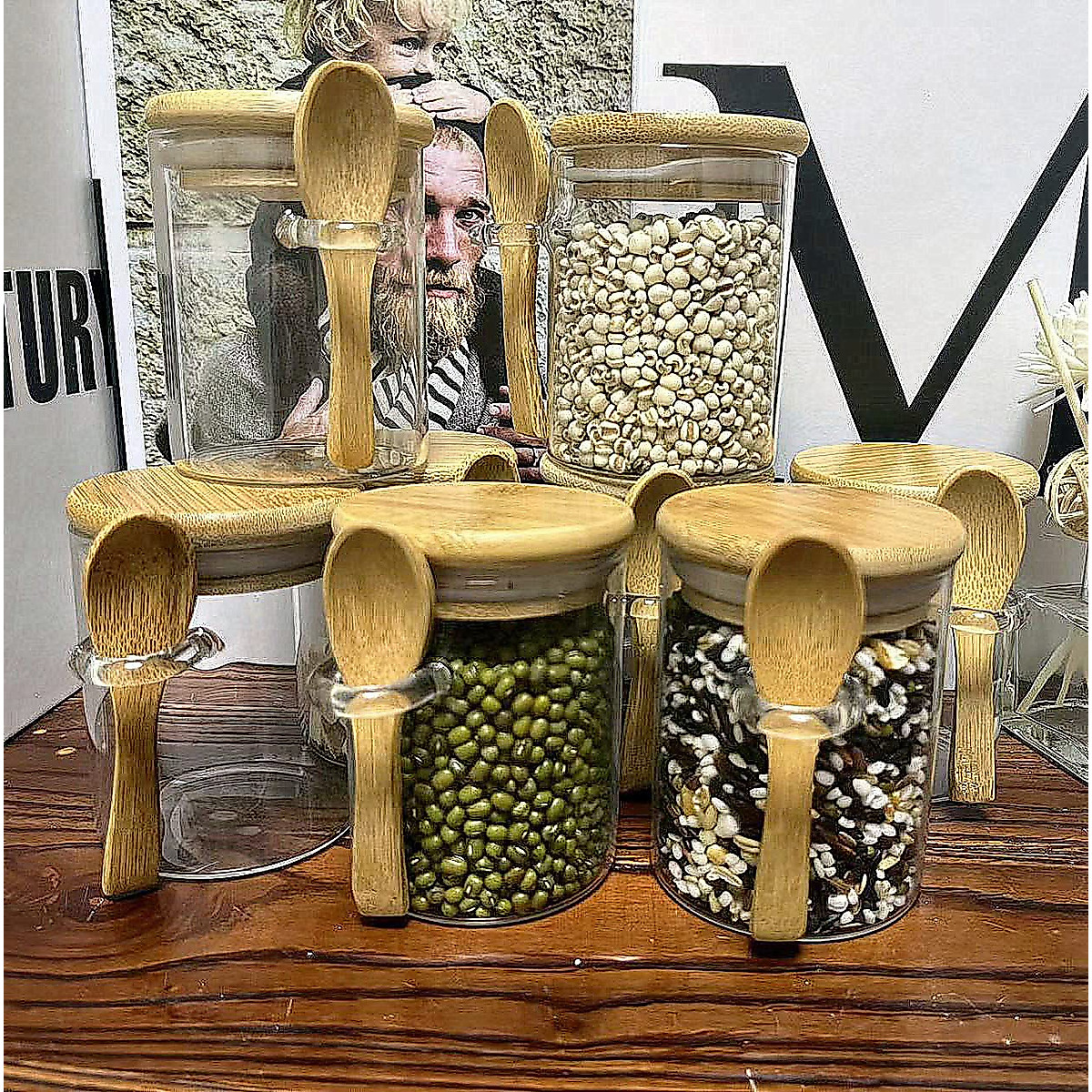 Livejun 8 oz Airtight Mini Glass Jars with Bamboo Lids and Bamboo Spoons , Spice Jars Small Food Storage Containers for Kitchen, Bathroom, Home Decor Set of 8